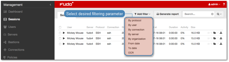 Filtering Sessions — Fudo Pam 40 System Documentation