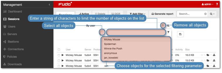 Filtering Sessions — Fudo Pam 40 System Documentation