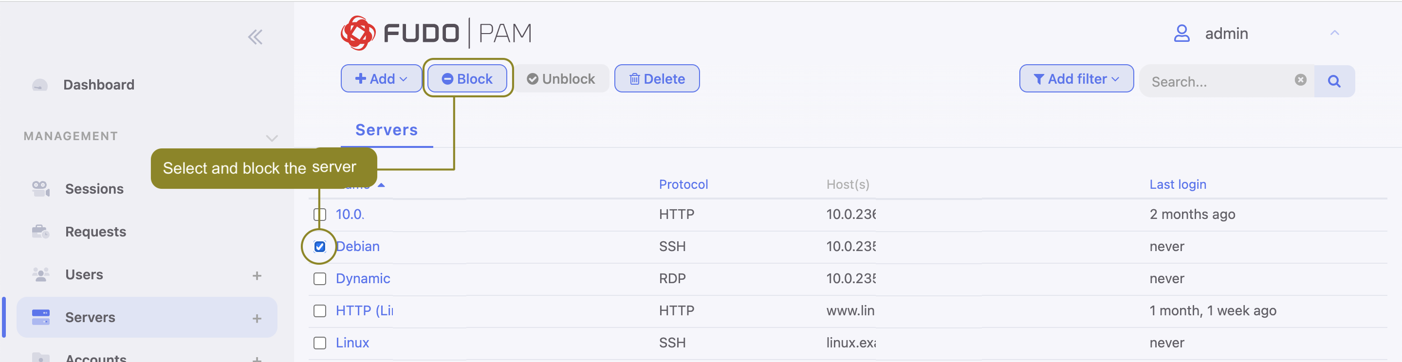 Blocking a server — Fudo PAM 5.1 - System Documentation