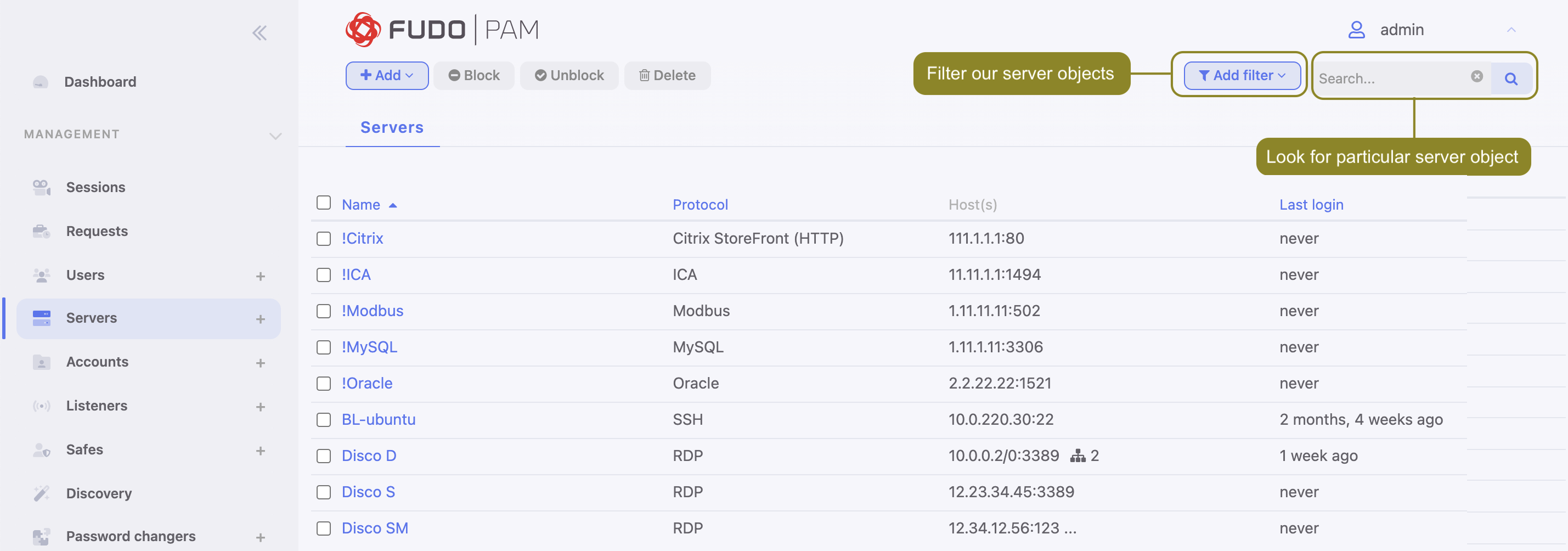 Blocking a server — Fudo PAM 5.1 - System Documentation