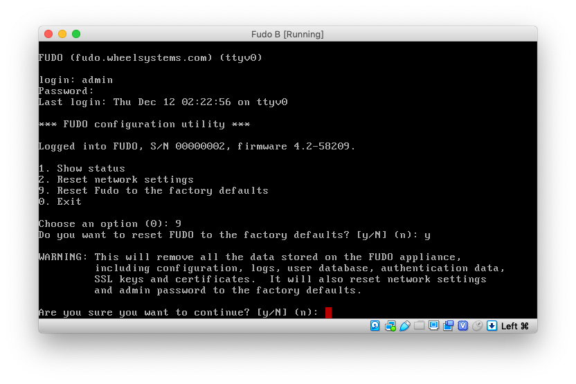 Resetting configuration to default settings — Fudo PAM 5.1 - System Documentation